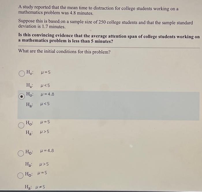 Solved A study reported that the mean time to distraction | Chegg.com