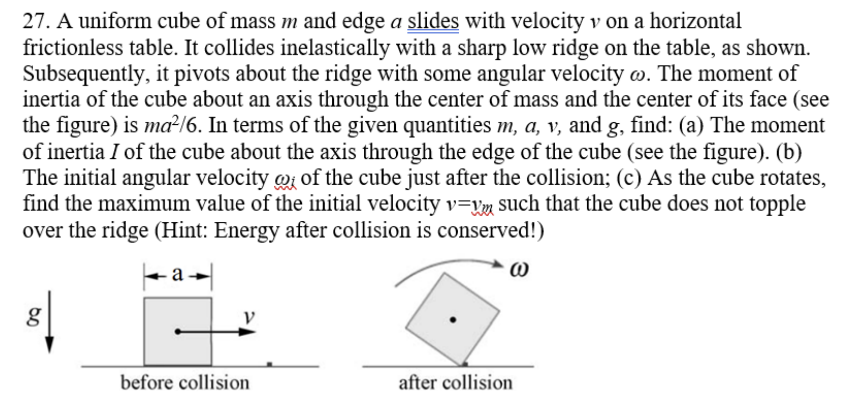 Solved A uniform cube of mass m ﻿and edge a slides with | Chegg.com
