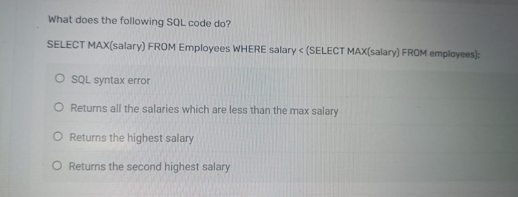 Solved What does the following SQL code do?SELECT | Chegg.com