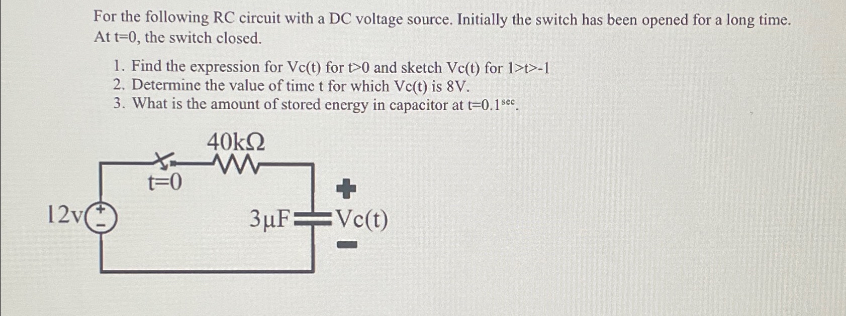 Solved For the following RC circuit with a DC voltage | Chegg.com
