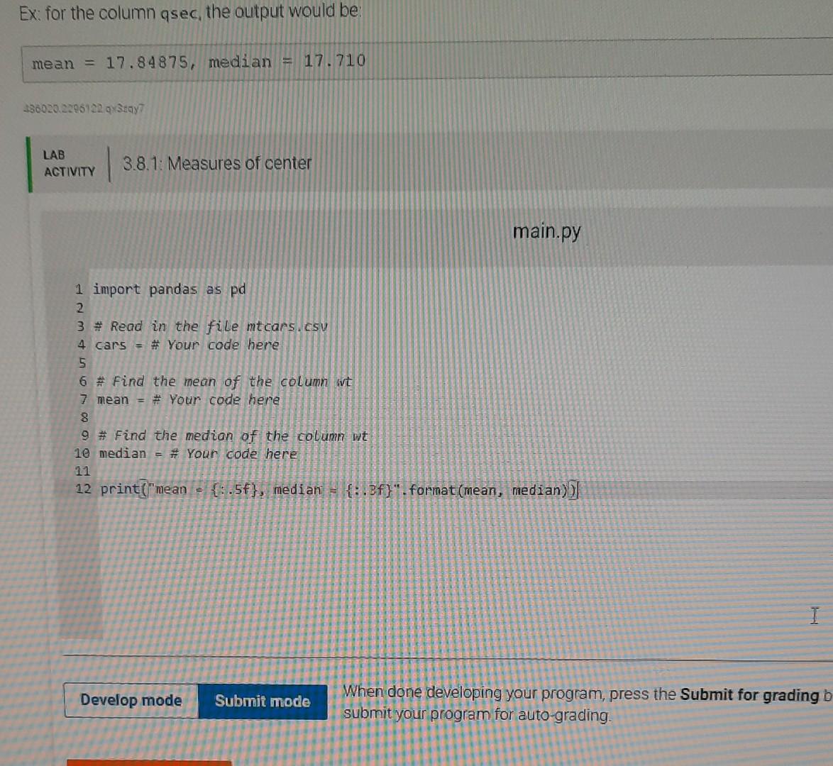 Solved 3.8 LAB: Measures of center The mtcars dataset | Chegg.com
