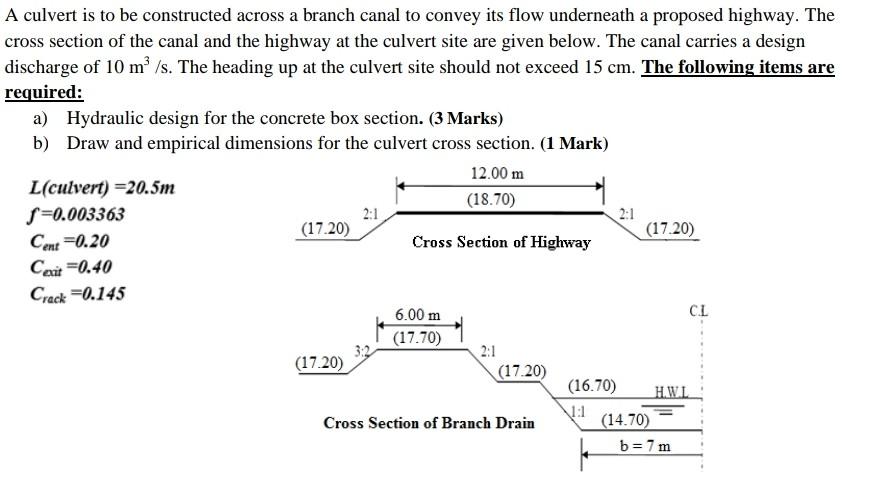 A culvert is to be constructed across a branch canal | Chegg.com