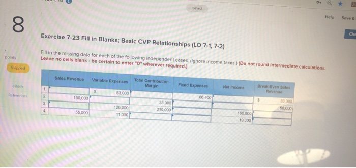 Solved Help Save & Exercise 7-23 Fill in Blanks; Basic CVP | Chegg.com
