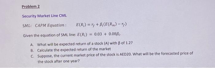 Solved Problem 2 Security Market Line CML SML: CAPM | Chegg.com