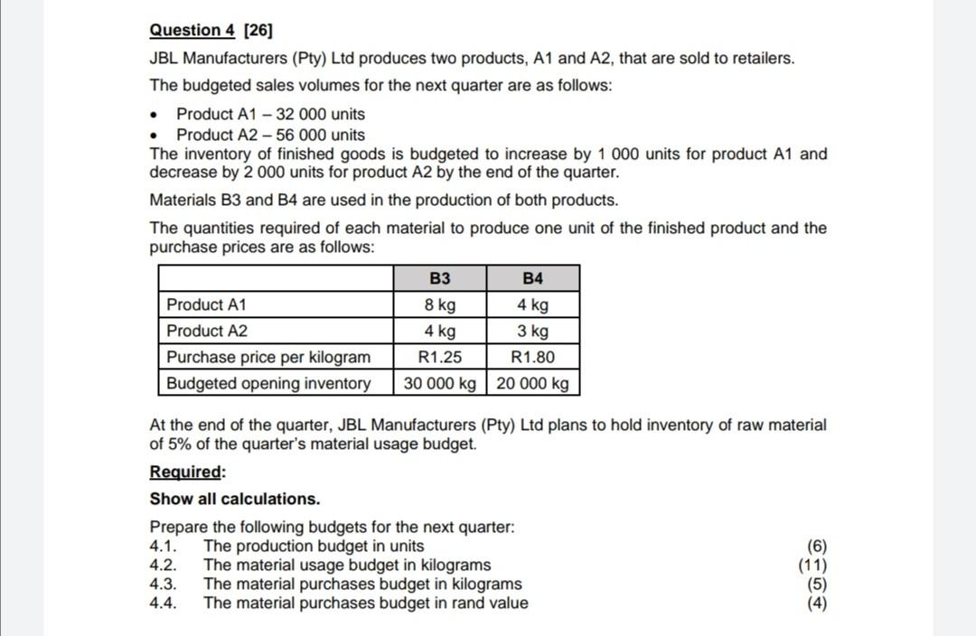 Solved Question 4 [26] JBL Manufacturers (Pty) Ltd produces | Chegg.com
