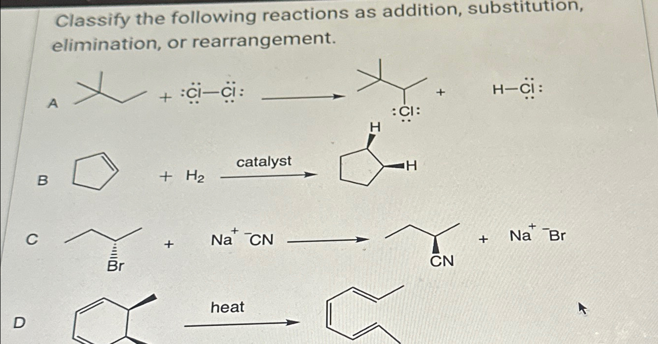 Classify the following reactions as addition, | Chegg.com