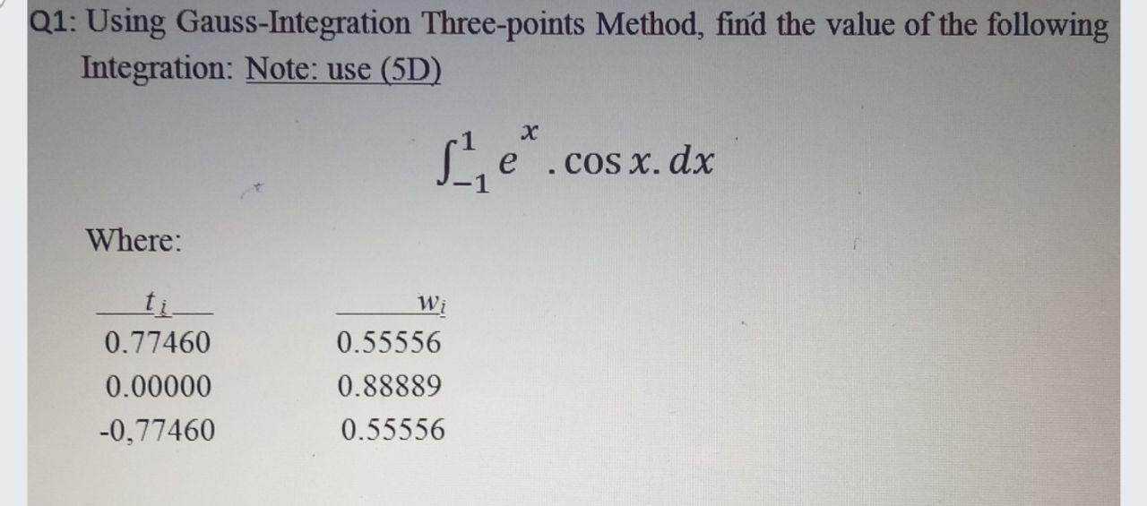 Solved Q1: Using Gauss-Integration Three-points Method, find | Chegg.com