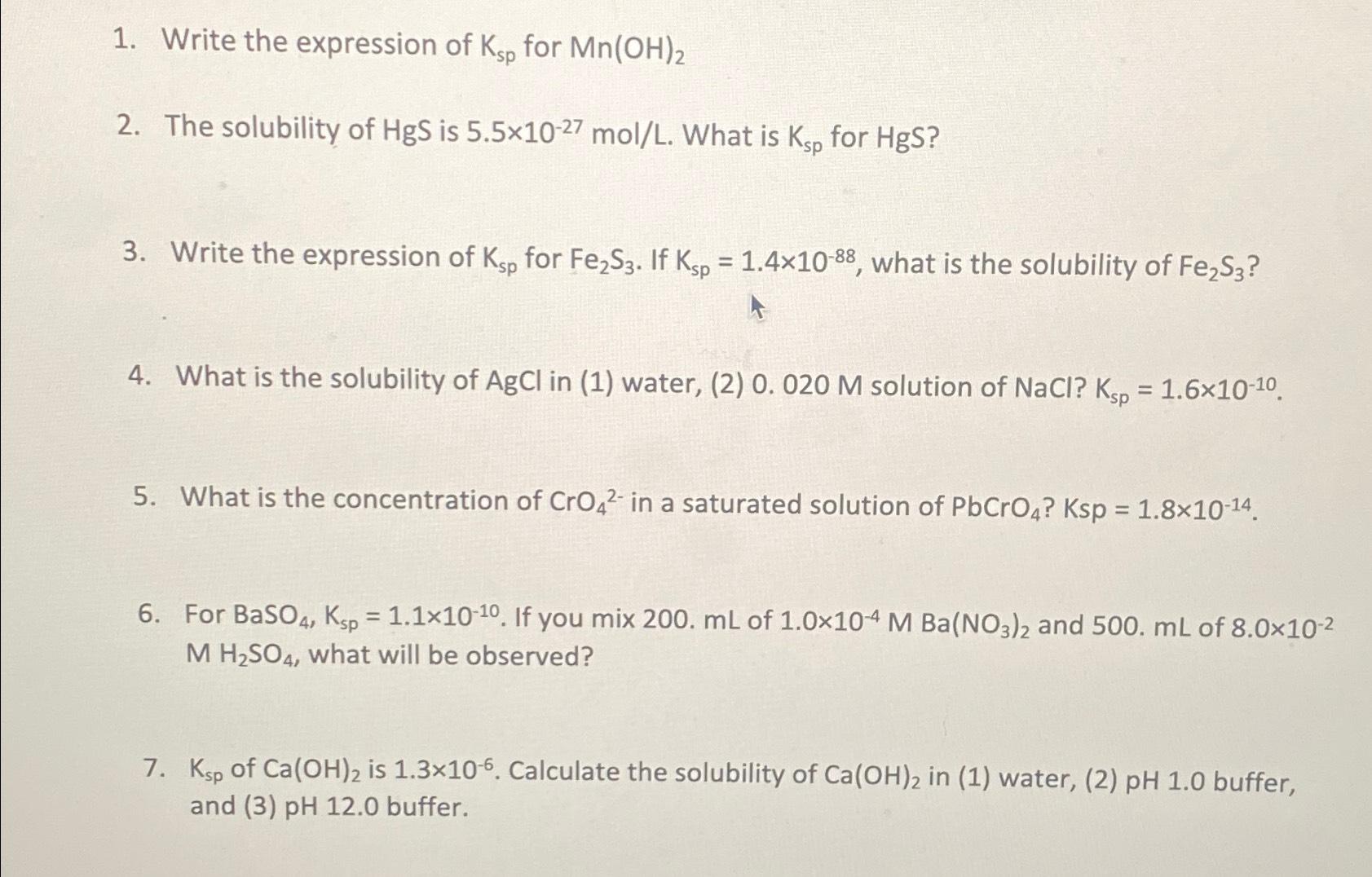 Solved Write the expression of Ksp ﻿for Mn(OH)2The | Chegg.com