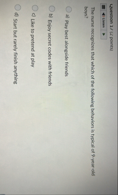 Solved Question 1 / (2 ﻿points)The nurse recognizes that | Chegg.com