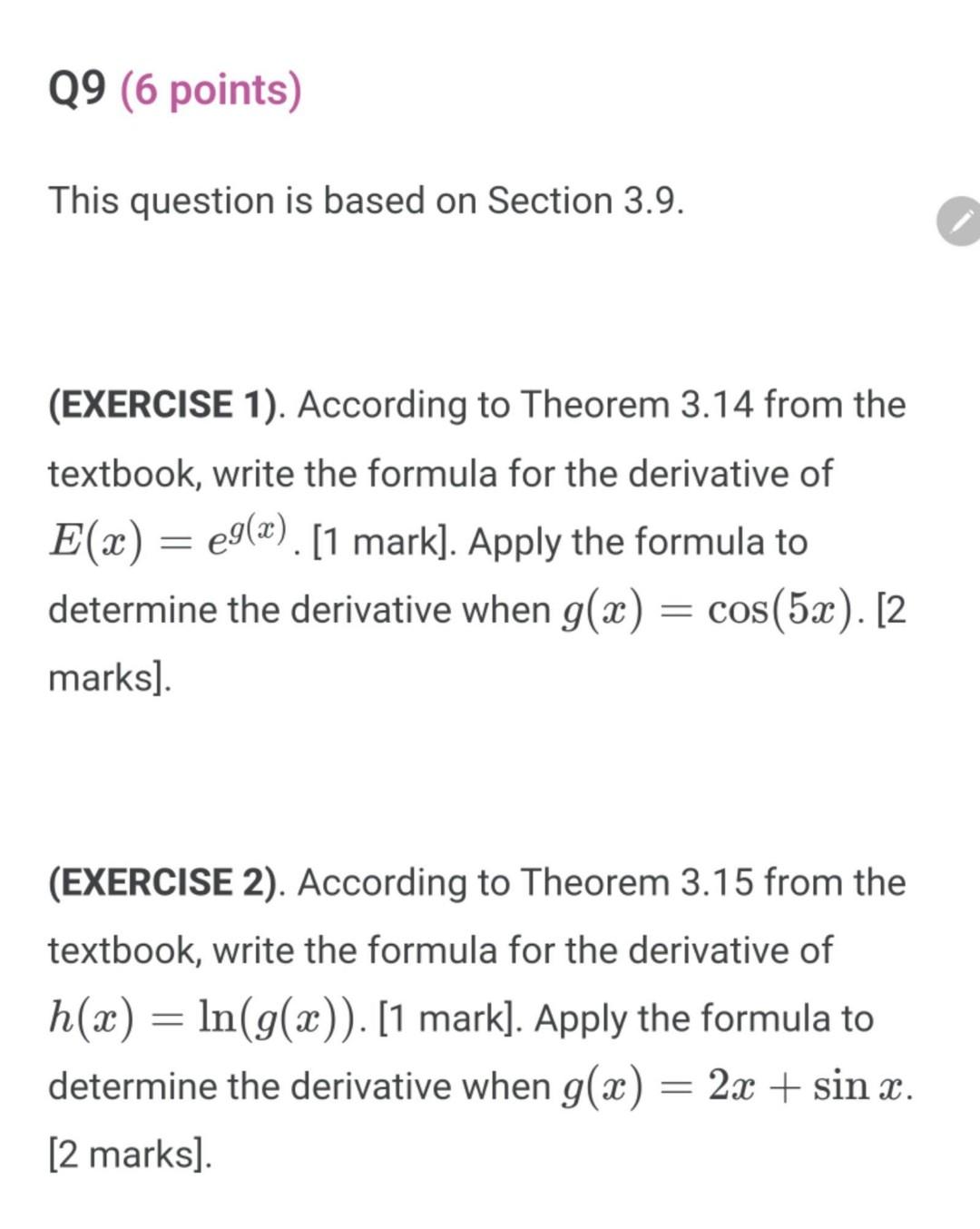 Solved 9. (EXERCISE 1). write the formula for the derivative | Chegg.com