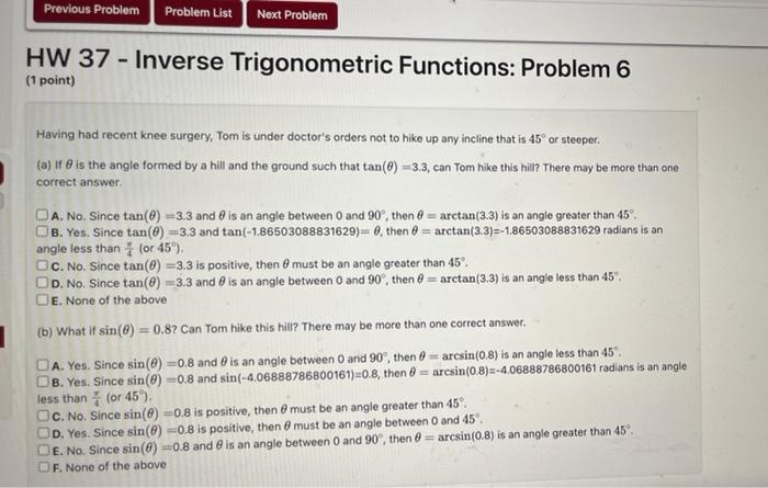 Solved HW 37 - Inverse Trigonometric Functions: Problem 6 (1 | Chegg.com