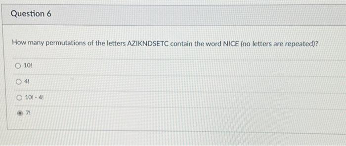 Solved How many permutations of the letters AZIKNDSETC | Chegg.com