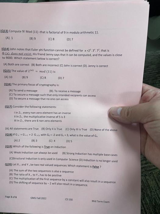 Solved (Q13) Compute 91 Mod (11) -that is factorial of 9 in | Chegg.com