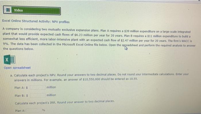 Solved Excel Online Structured Activity: NPV profiles A | Chegg.com