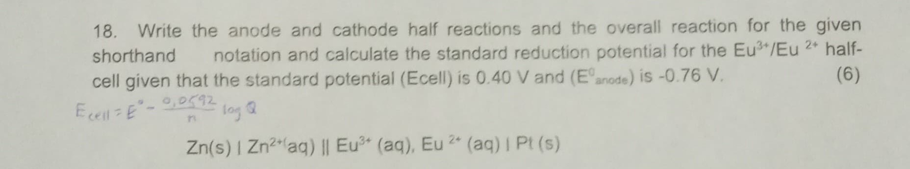 Solved Write the anode and cathode half reactions and the | Chegg.com