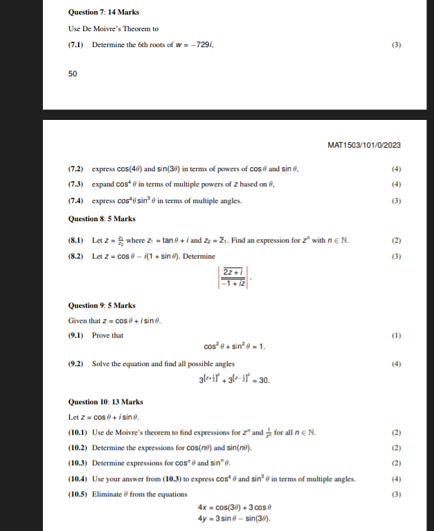 Solved Use De Moivre's Theorem to (7.1) Determine the 6th | Chegg.com