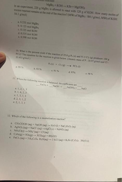 Solved in an experiment, 220gMMgBr2+KOH−KBr+Mg(OH)2 excess | Chegg.com