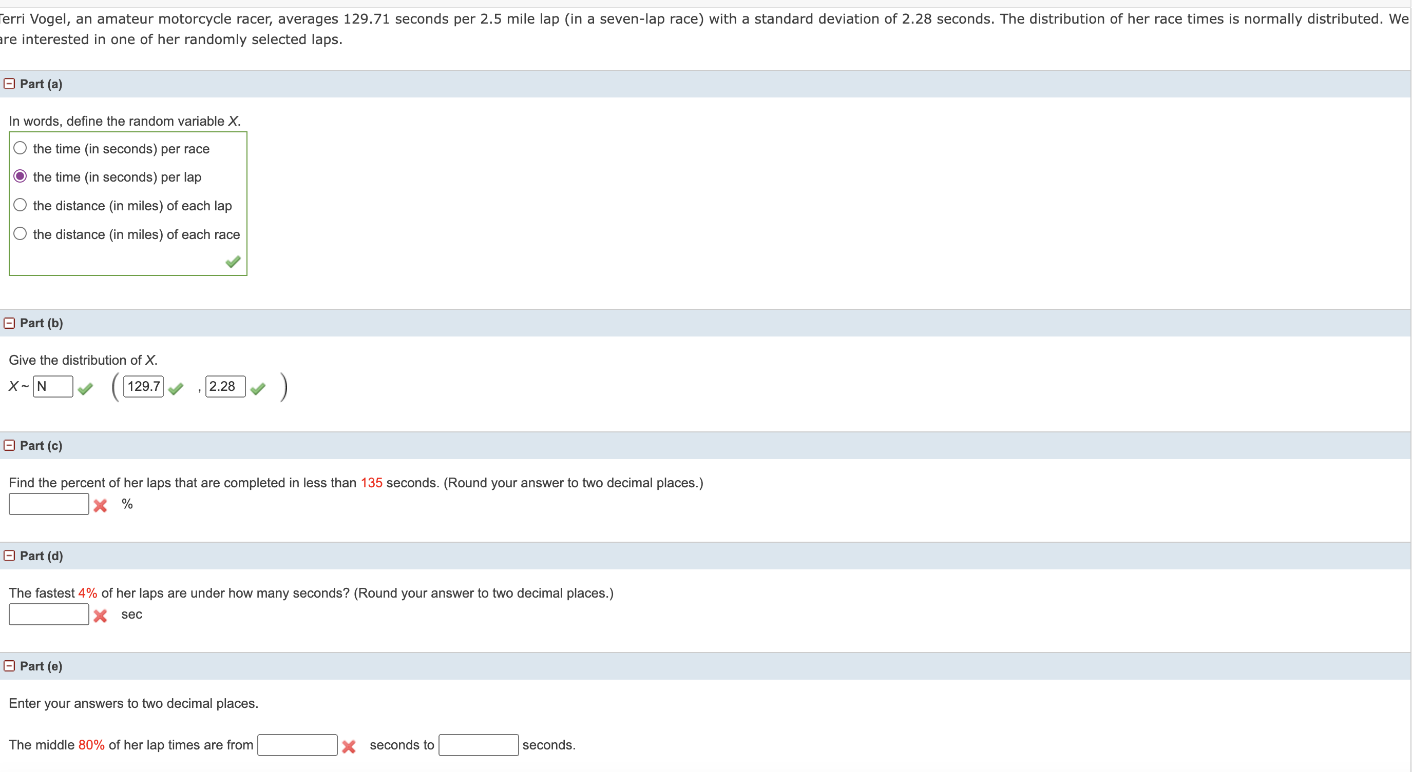 Solved ﻿Part (c)Find the percent of her laps that are | Chegg.com