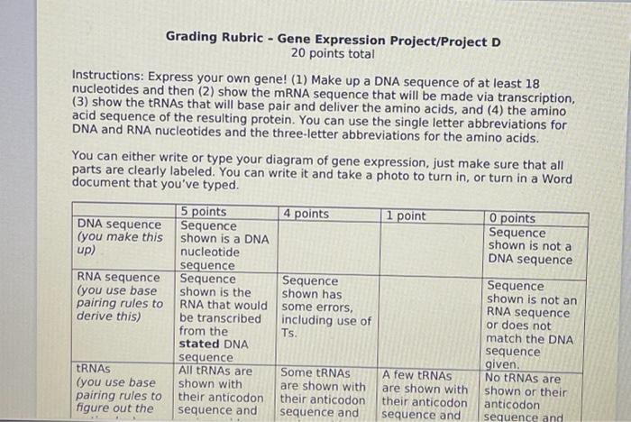 Grading Rubric - Gene Expression Project/Project D 20 | Chegg.com