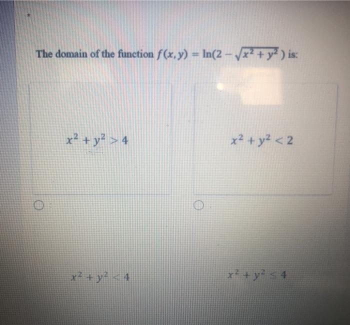Solved The domain of the function f(x,y) = In(2 - 1x2 + y2) | Chegg.com