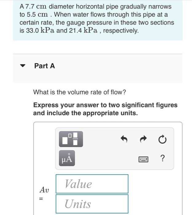 Solved A 7.7 cm diameter horizontal pipe gradually narrows | Chegg.com