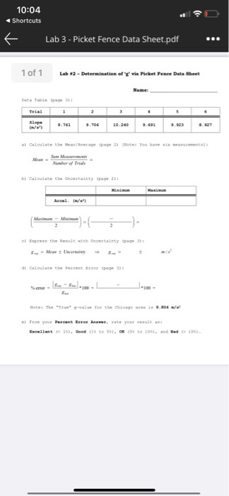 10:04 Shortcuts Lab 3 - Picket Fence Data Sheet.pdf | Chegg.com