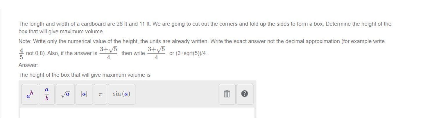 Solved The length and width of a cardboard are 28ft ﻿and | Chegg.com