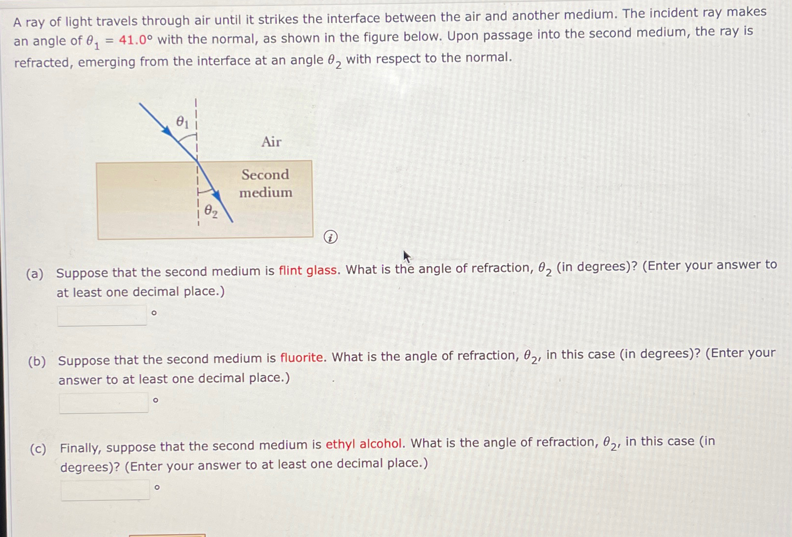 Solved A ray of light travels through air until it strikes | Chegg.com