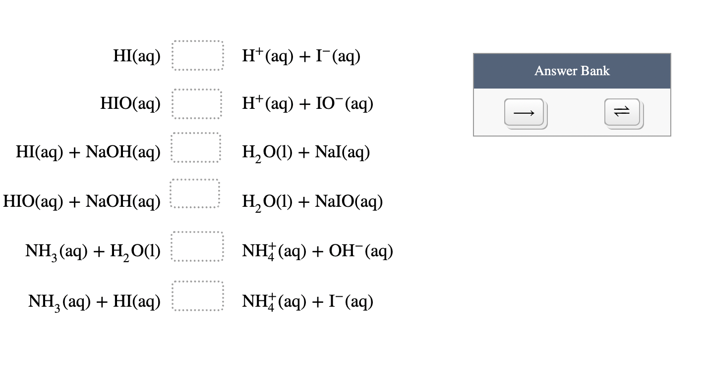 Solved HI(aq),H+(aq)+I-(aq)HIO(aq),H+(aq)+IO-(aq)HI(aq)+NaOH | Chegg.com
