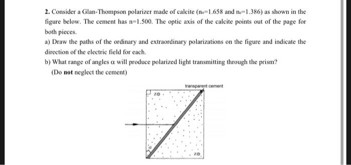 Solved 2. Consider a Glan-Thompson polarizer made of calcite | Chegg.com