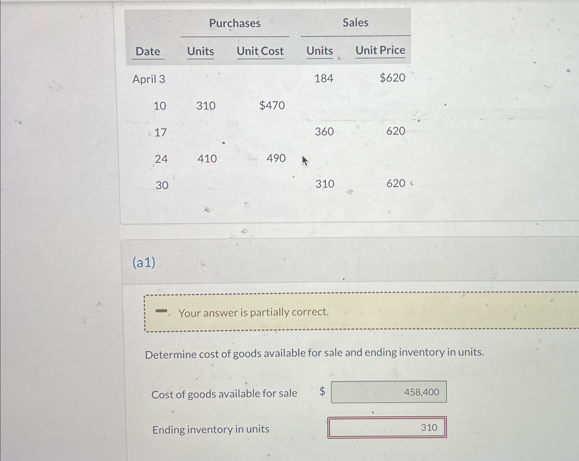 (a1)Your answer is partially correct.Determine cost | Chegg.com