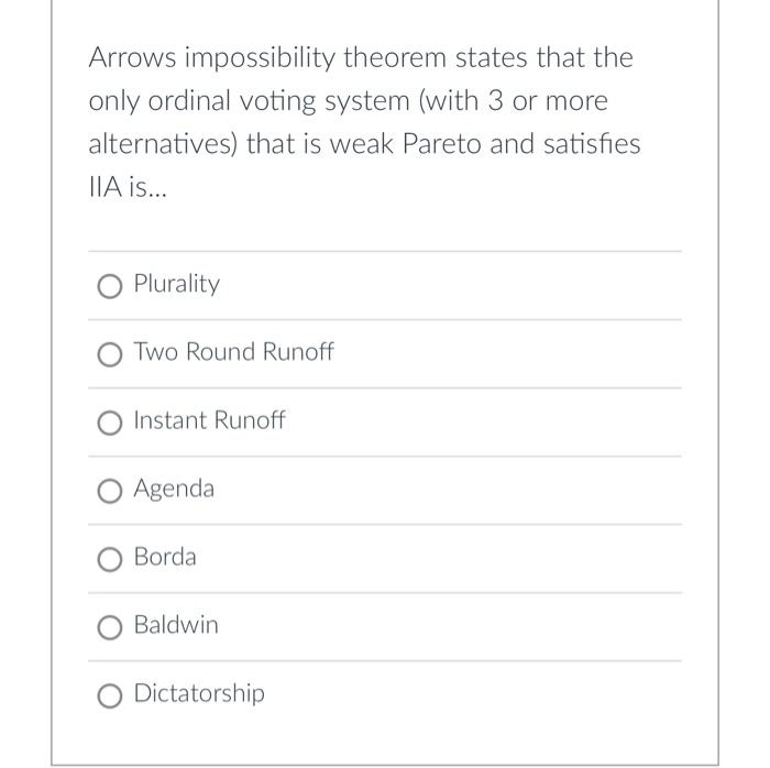 Solved Arrows impossibility theorem states that the only | Chegg.com