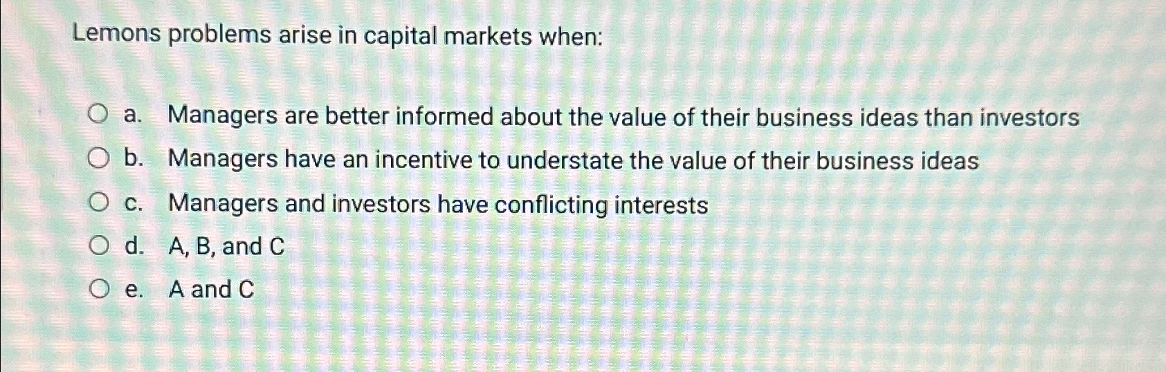 Solved Lemons problems arise in capital markets when:a. | Chegg.com