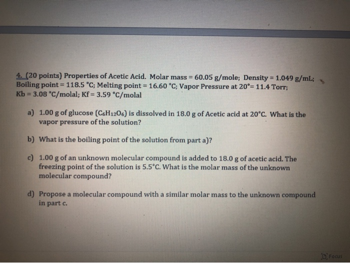 Solved 4. (20 points) Properties of Acetic Acid. Molar mass | Chegg.com