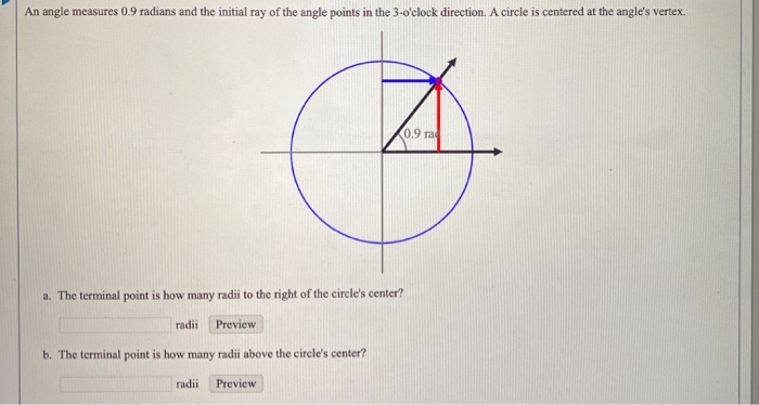 Solved An angle measures 0.9 radians and the initial ray of | Chegg.com