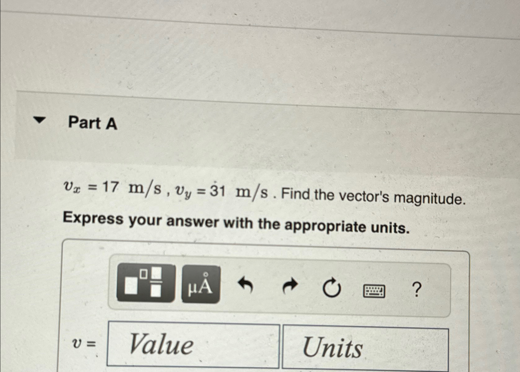 Solved Part Avx=17ms,vy=31ms. ﻿Find the vector's | Chegg.com