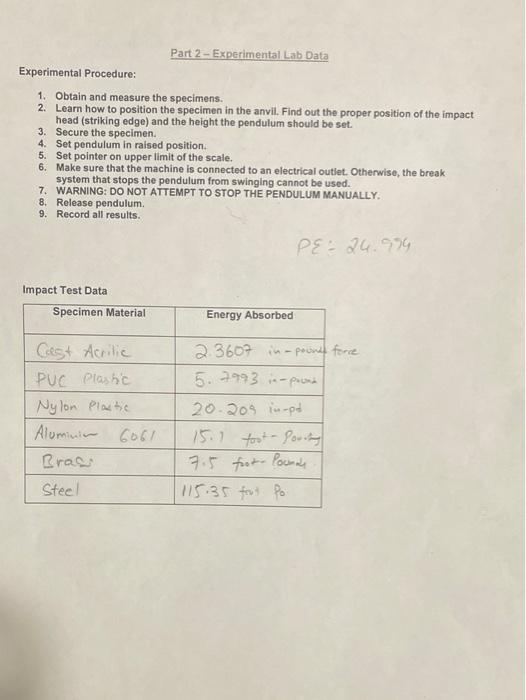 Solved Part 2 - Experimental Lab Data Experimental | Chegg.com