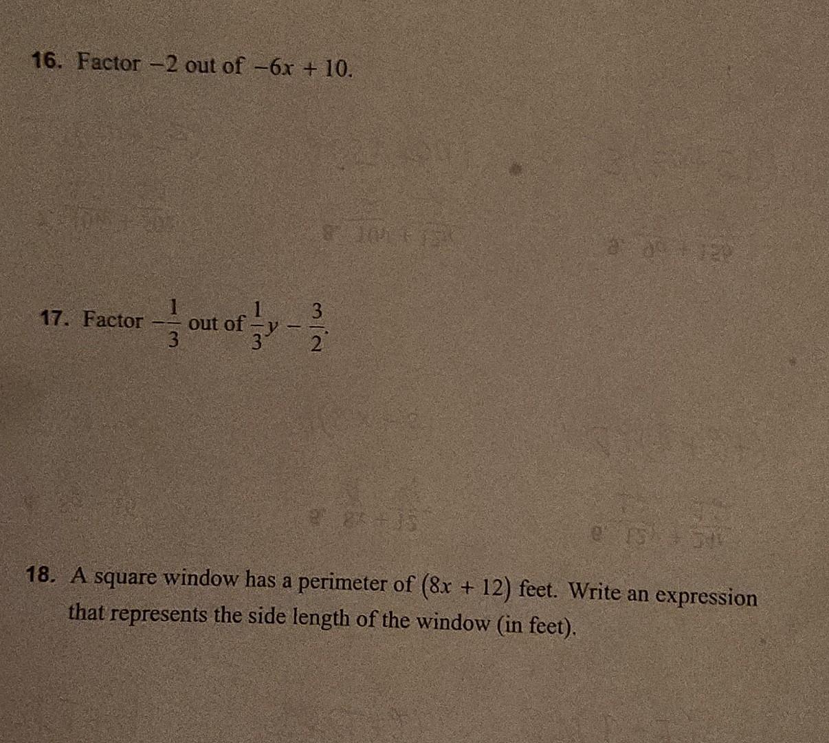 Solved 16. Factor −2 out of −6x+10 17. Factor −31 out of | Chegg.com