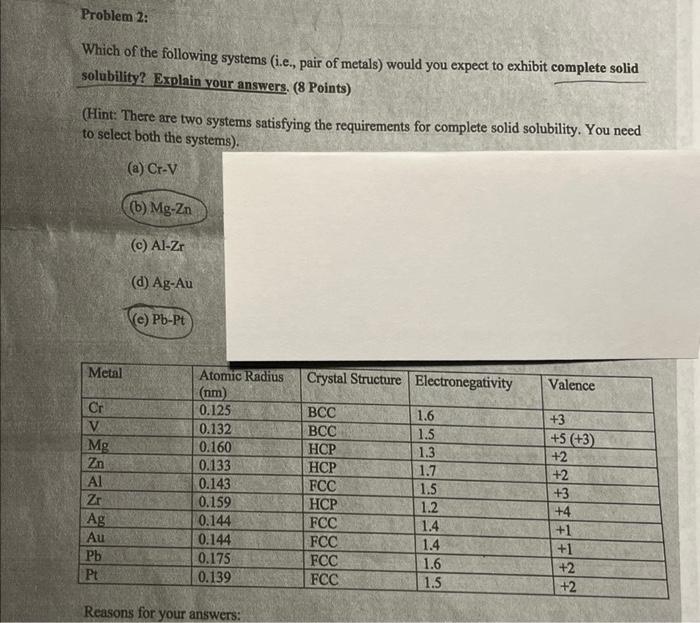 Solved Which of the following systems (i.e., pair of metals) | Chegg.com