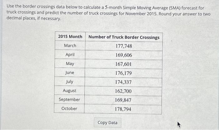 Solved Use the border crossings data below to calculate a | Chegg.com