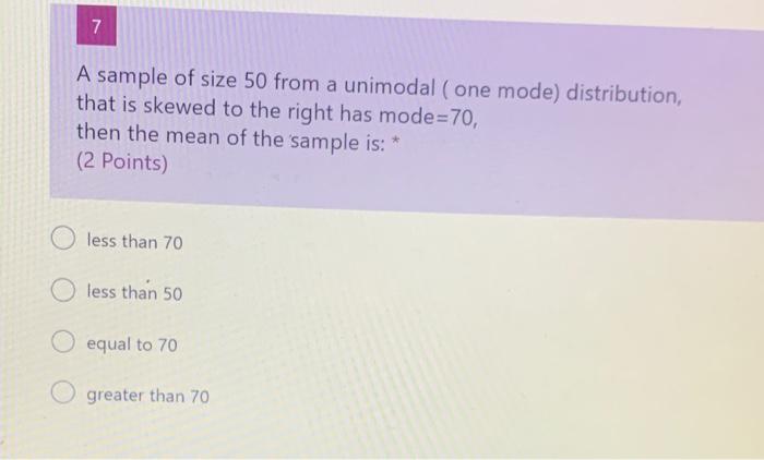 Solved 7 A sample of size 50 from a unimodal ( one mode) | Chegg.com