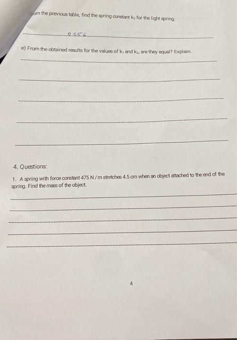 Solved c) Complete the following table for the light spring: | Chegg.com