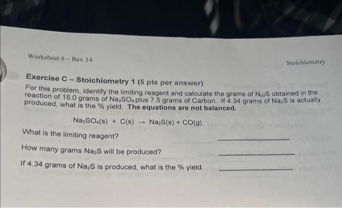 Solved Exercise C-Stoichiometry 1 (5 pts per answer) For | Chegg.com