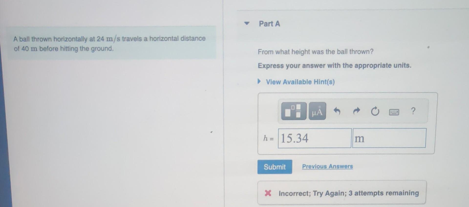 Solved A ball thrown horizontally at 24 m/s travels a | Chegg.com