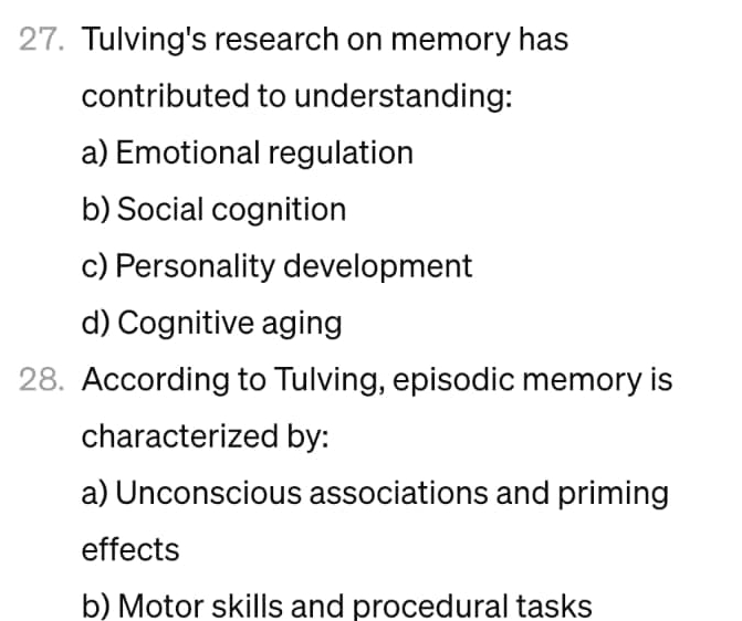 Solved Tulving's research on memory has contributed to | Chegg.com