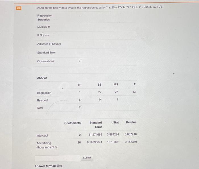 Solved 119 Based on the below data what is the regression | Chegg.com