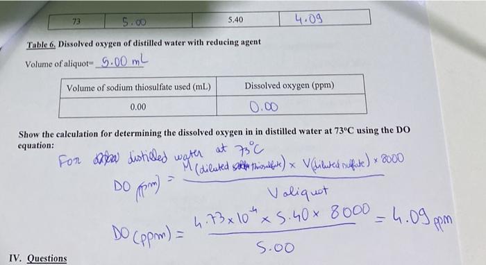 Solved 1. From your data, calculate the dissolved oxygen | Chegg.com