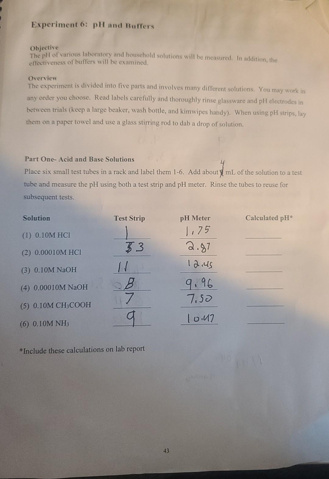 Solved Experiment 6: pll and Buffers Objective The pH of | Chegg.com