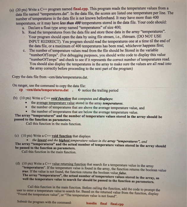 Solved (a) (20 pts) Write a C++ program named final.cpp. | Chegg.com