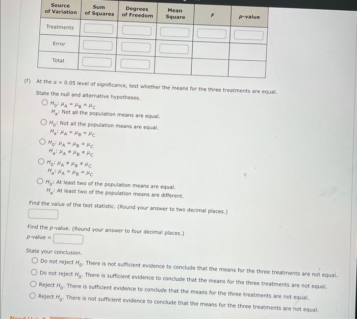 Solved A Compute The Sum Of Squares Between Treatments